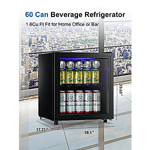 Beverage Refrigerator Cooler 60 Can Cooler Fridge Glass Door for Beer Drinks Wines Juice, 1.6 Cu. Ft Adjustable Shelves Blue LED Lights and User Friendly Temperature Knob for Home Office Dorm Bar