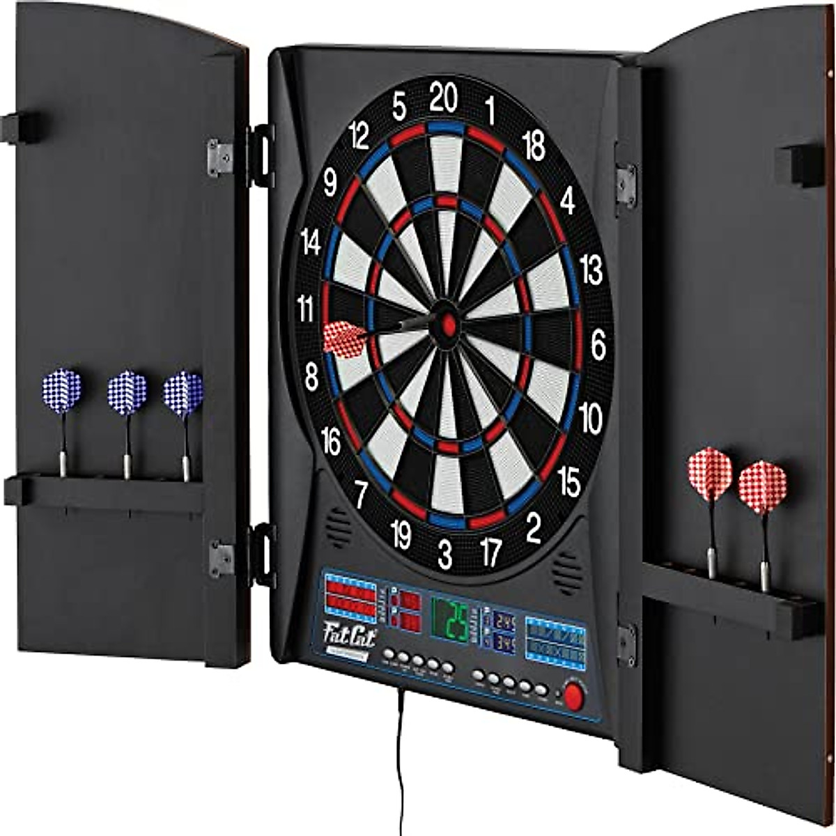 Fat Cat Electronx Electronic Dartboard Compact Size Over 35 Games with 167 Options Built-In Cabinet and Dart Storage for up to 12 Darts Auto Scoring LCD Display 8-Player Multiplayer and Soft Tip Darts