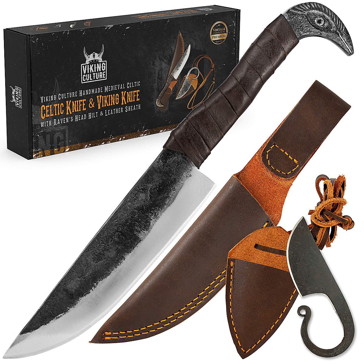 Viking Culture Ox Horn Mug, Shot Glass, and Bottle Opener (3 Pc. Set) Authentic 16-oz. Ale Intricate Design Wolf/Fenrir + 2-Piece Viking Knife Set - Raven-Head Viking Knife