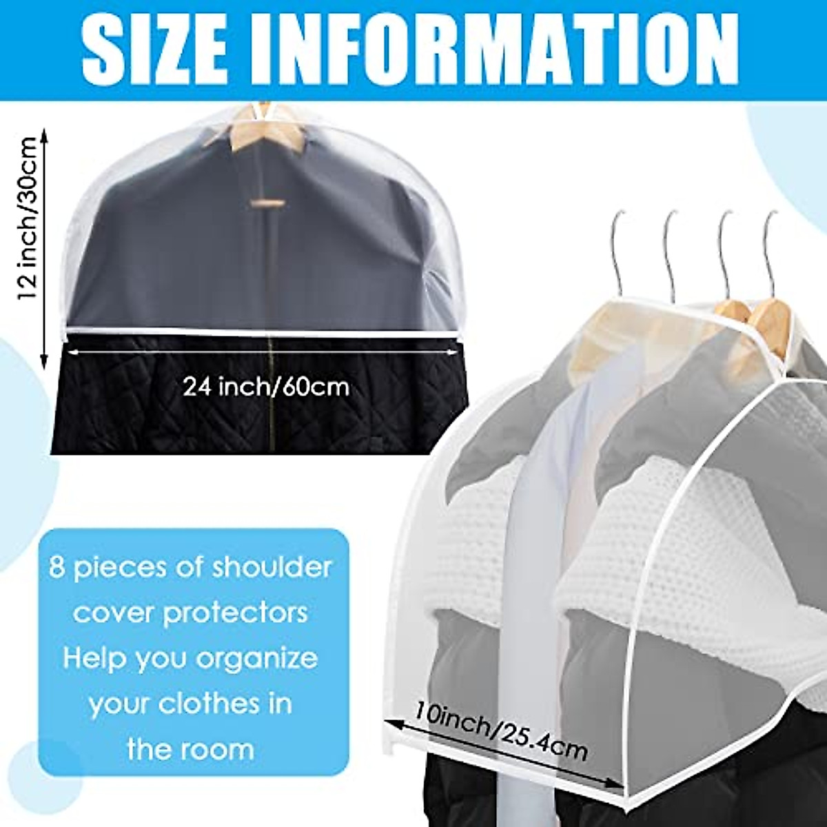 Patelai 8 Pieces Shoulder Covers 10" Gusseted Garment Covers 24 x 12 x 10 Inches Clothes Covers for Closet Storage Coats, Suit, Jackets, Dress Closet Storage