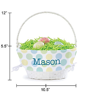 Personalized Easter Egg Basket For Him with Handle and Custom Name | Polka Dot Easter Basket Liners | White Basket | Woven Easter Baskets for Kids | Customized Easter Basket | Gift for Easter