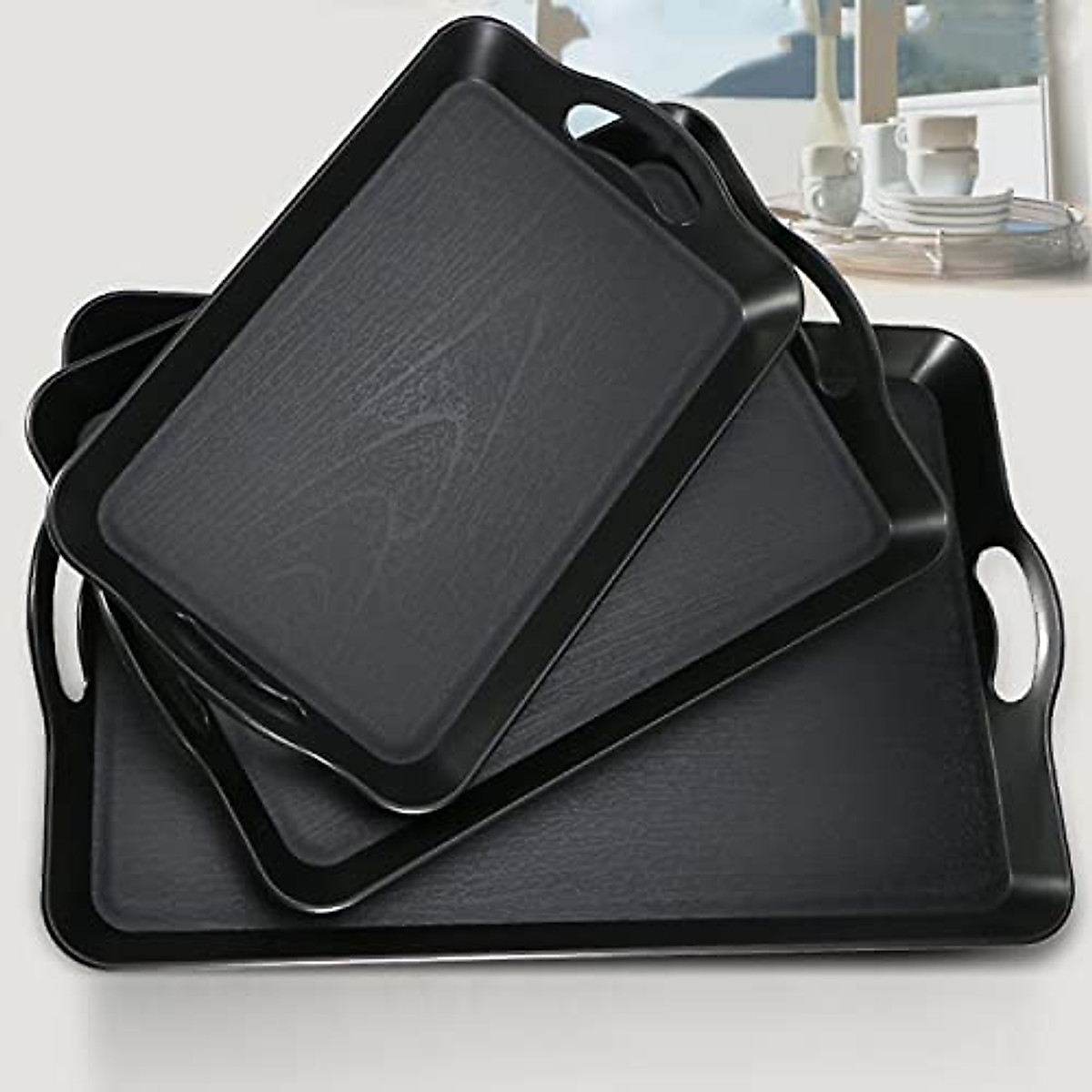 JHSLXD Retro Trays Kitchen/Dining Room Serving Trays Multi-Purpose Trays Breakfast Trays Non-Slip Fruit Trays Creative Rectangle Water Cup Trays,Black,51.5CM