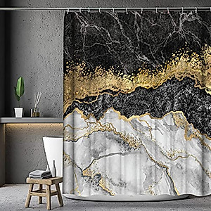 4Pcs Black Marble Shower Curtain Sets, Bathroom Sets with Shower Curtain and Rugs and Accessories, Rug Toilet Lid Cover and Non-Slip U Shape Mat, Waterproof Shower Curtain with 12 Hooks, 72" x 72"