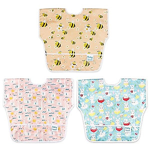 Baby Noah 3 Pcs Short Sleeved Bib - Baby and Toddler Smock Bibs for Boys and Girls - Waterproof Bib with Pocket| 6-36 Months