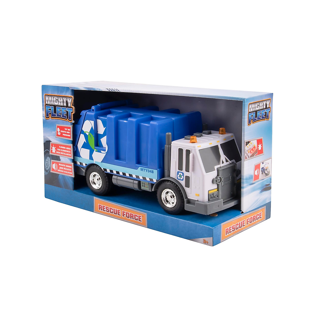 Mighty Fleet Rescue Force 12" Garbage Truck Toy - Realistic Lights & Sounds, Detachable Recycling Bin, Free Wheeling Play, Ages 3+
