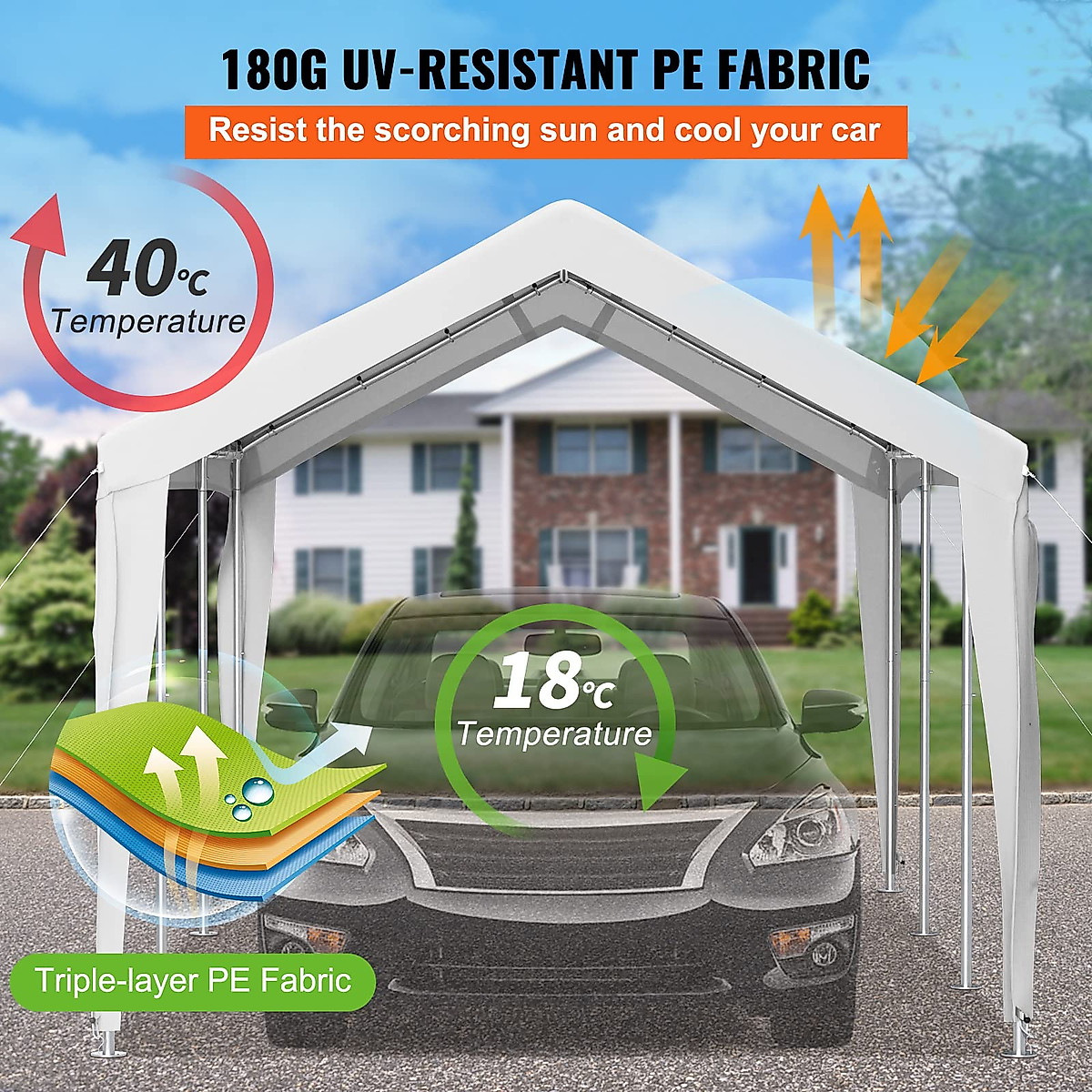 VEVOR 10 x 20 ft Carport Car Canopy, Heavy Duty Garage Shelter with 8 Legs, Car Garage Tent for Outdoor Party, Birthday, Garden, Boats, Adjustable Peak Height from 8.3 ft to 10 ft, White