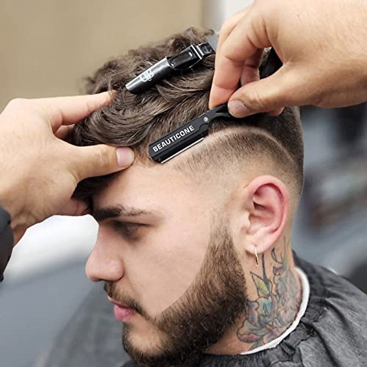 BEAUTICONE Straight Razor for Men, Professional Brown Wooden Razor with Black Blade Barber Razor with 100 Single Edge Blades, Straight Edge Single Blade Razors