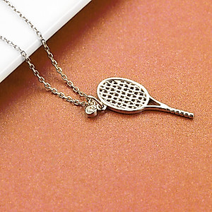 Saida Tennis Racket Necklace for Women - 925 Sterling Silver Tennis Ball Racquet Sport Themed Pendant Jewelry Gift for Tennis Players Lovers Coach, grey