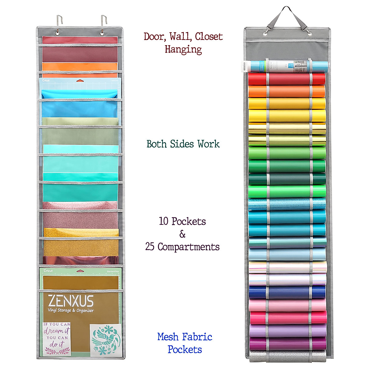 Hanging Vinyl Organizer, Double-Sided, ZENXUS 25 Compartments Roll Storage, Backside 10 Pockets for 12x12 Vinyl Sheet, Cardstock, Scrapbook Paper, Door Hooks Included