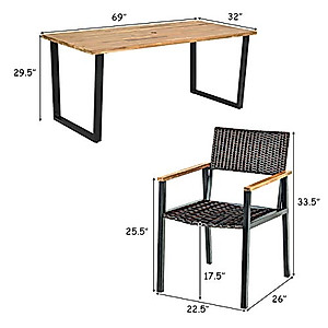 HAPPYGRILL 7PCS Patio Dining Set Outdoor Dining Furniture Set with Rectangle Table, Wicker Chairs, Acacia Wood Tabletop with Umbrella Hole, Natural Design Conversation Set for Garden Backyard