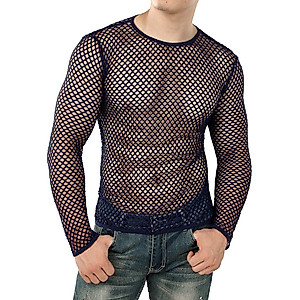 VOWUA Men's Mesh See Through Fishnet Shirts Muscle Pullover Long Sleeves Crew Neck Casual Clubwear Blouse Navy