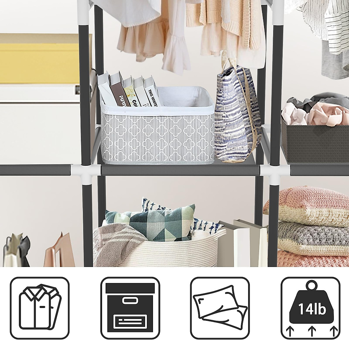 LOKEME Portable Closet, Wardrobe Closet with 3 Hanging Rods and 6 Storage Shelves, Gray Closet, Easy to Assemble Portable Closets for Hanging Clothes with 4 Side Pockets, PWC0006-GRAY