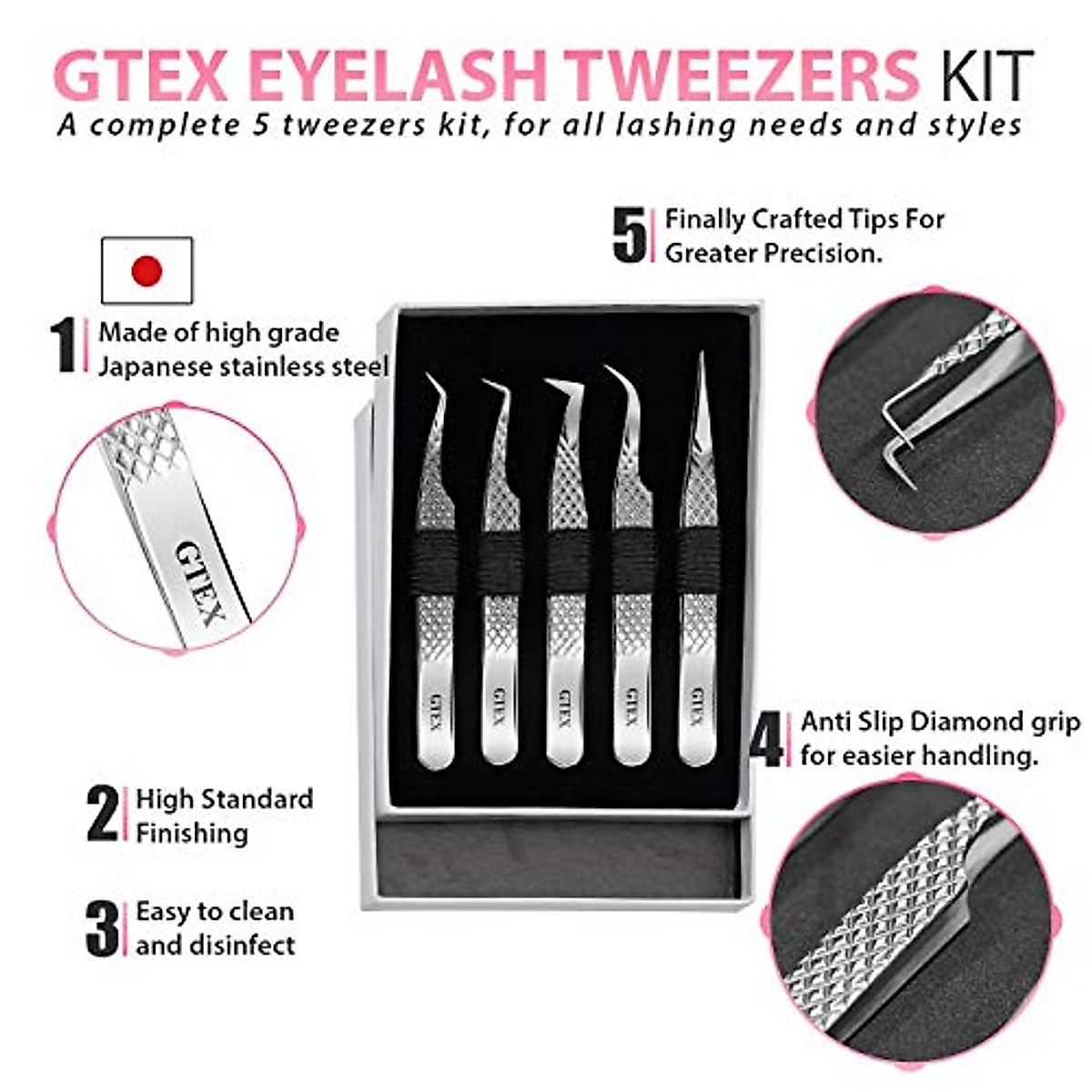 GTEX Lash Tweezers For Eyelash Extensions Tweezers Set of 5, Japanese Stainless Steel, Straight Curved 45 90 Degree Volume Eyelash Tweezers - SILVER