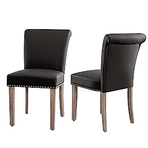 CHUN YI Dining Chairs Set of 2, Upholstered Dining Chair with Nailhead Trim and Wood Legs, Modern Faux Leather Chair for Dining Room, Living Room, Kitchen (Dark Gray)