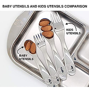 Kiddobloom Baby Stainless Steel Utensil Set. Education Series. Stainless #304 (18/8) 5pc Set (2 Spoons, 2 Forks, 1 Baby Butter Spreader/Food Pusher). Suitable for Baby Feeding/Weaning. Elegant Gift