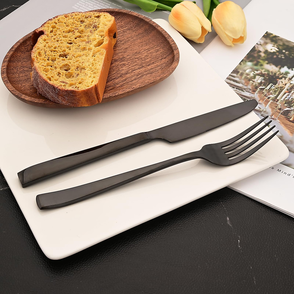 Snplowum 20-piece Black Cutlery Set, 18/10 Stianless Steel Silverware Heavy Duty Tableware Set Include Dinner Knife/Fork/Spoon, Service For 4, Mirror Polish