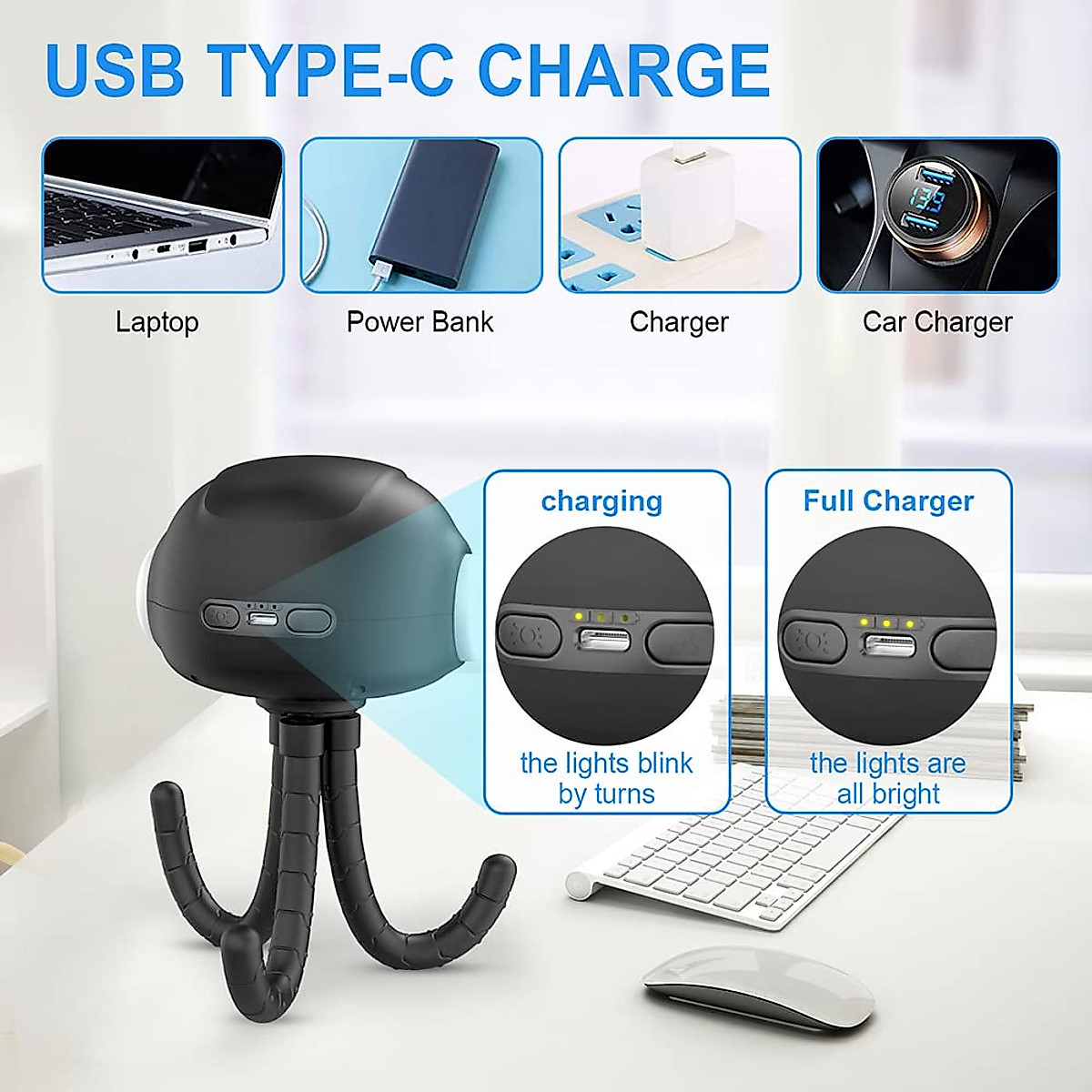 Mamtopia Baby Stroller Fan with Night Light, Rechargeable Bladeless Fan Portable Clip On Fan with 3 Speeds & Flexible Tripod 360°Rotatable for Child Car Seat Crib Bike Desk (Black)