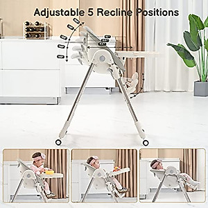 Ezebaby Baby High Chair, Portable High Chair with Adjustable Heigh and Recline, Foldable High Chair for Babies and Toddler with 4 Wheels, High Chair for Toddlers with Removable Tray-(Grey)