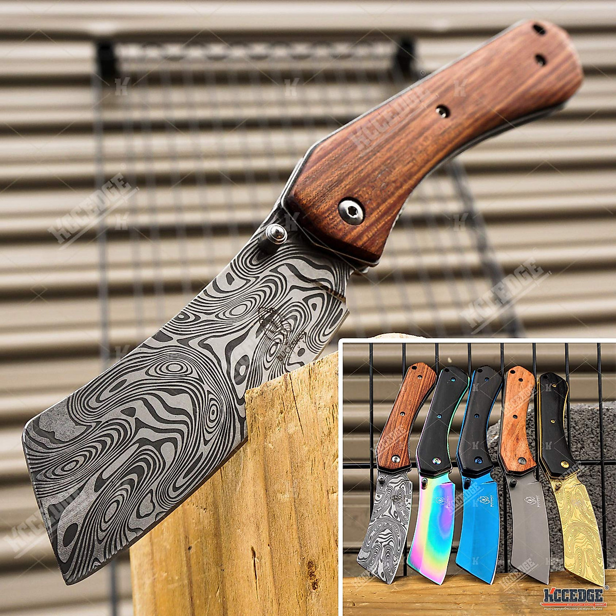 KCCEDGE BEST CUTLERY SOURCE EDC Pocket Knife Camping Accessories Razor Sharp Edge Cleaver Blade Folding Knife for Camping Gear Survival Kit 58649 (Damascus Etched)