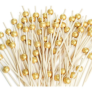 200PCS Cocktail Picks, Fancy Cocktail Toothpicks for Appetizers Picks, Handmade Bamboo Cocktail Skewers for Appetizers Fruit Party, Gold Pearl Food Picks Charcuterie Accessories (4.7 Inch)