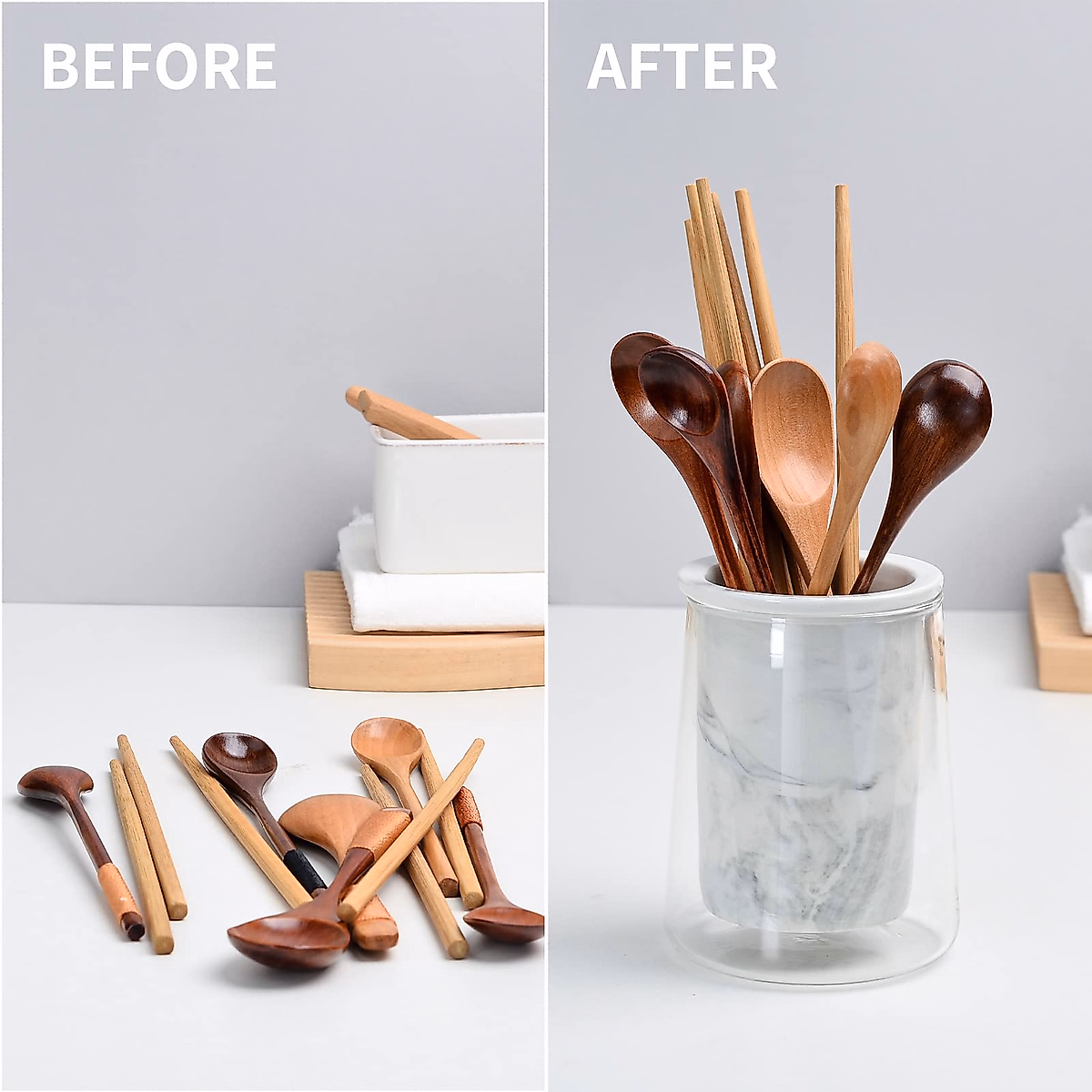 Silverware Caddy, Marble Style Utensil Caddy, Silverware Holder, 3.38″ Utensil Crock with Ceramic Filter Water Utensil Holder and Glass Water Storage Container, Cutlery Caddy, ANTIS'S HOME