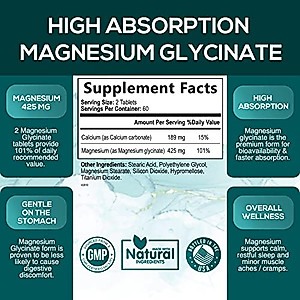 Magnesium Glycinate 425 mg with Calcium - Max Absorption Magnesium Tablets for Muscle, Nerve, Bone & Heart Health Support - Vegan, Non-GMO, Gluten Free Nature's Nutrition Supplement - 120 Tablets
