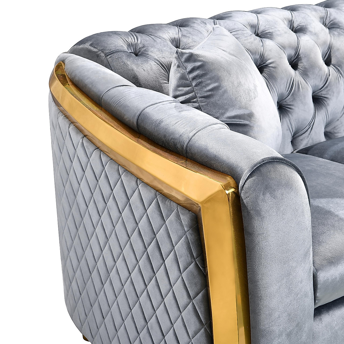 BSYEIO 81'' Modern Velvet Sofa Couch Living Room Chesterfield Sofa Couch 3 Seater Luxury Upholstered Sofa Couch with Gold Stainless for Apartment Dorm Office-Grey