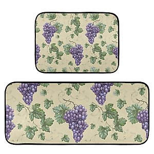 ALAZA Purple Grape Green Leaves Kitchen Rug Set, 2 Piece Set, Non-Slip Floor Mat for Living Room Bedroom Dorm Home Decor, 19.7 x 27.6 Inch + 19.7 x 47.2 Inch