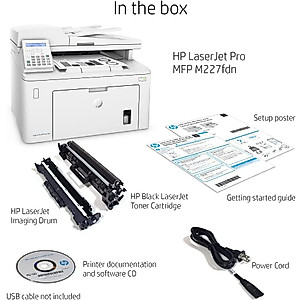 HP Laserjet Pro MFP M227fdn All-in-One NFC Ethernet Monochrome Laser Printer, White - Print Scan Copy Fax - 30 ppm, 1200 x 1200 dpi, 8.5 x 14, 35-Sheet ADF, Auto 2-Sided Printing, Cbmou Printer Cable