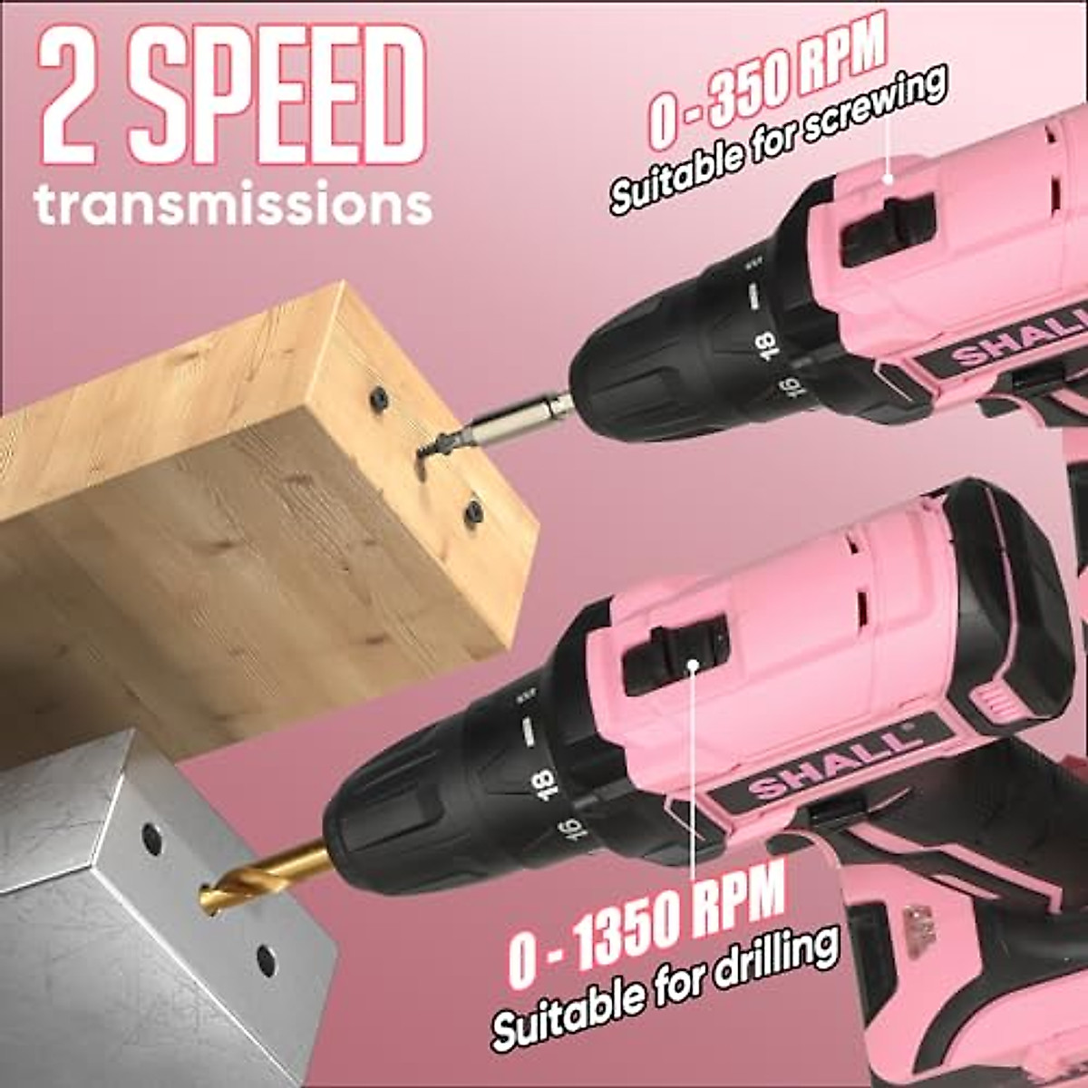 SHALL Pink Cordless Drill Driver 20V Electric Power Drill Screwdriver Set with 2.0AH Battery & Fast charger for Women, 3/8'' Keyless Chuck, Variable Speed, 18+1 Position & 34pcs Drill/Driver Bits