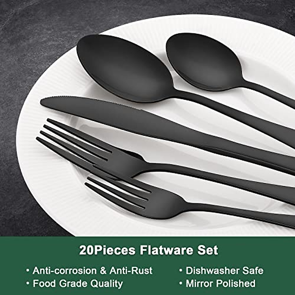 20 Pieces Black Silverware Set, AIKWI Stainless Steel Cutlery Flatware Set, Kitchen Tableware Utensils Set with Knife Spoon Fork, Dishwasher Safe & Mirror Polished- Ideal for Home Party Wedding