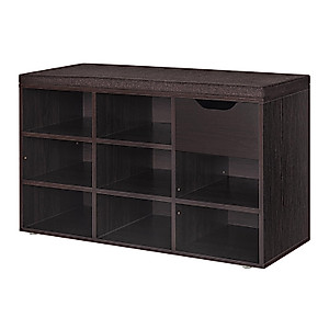 DINZI LVJ Shoe Bench, Entryway Storage Bench with Drawer and 8 Cubbies, Cubby Shoe Rack with Adjustable Shelves, Shoe Organizer Cabinet for Living Room, Bedroom, Mudroom, Closet and Garage, Espresso