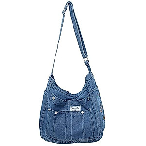 Denim Hobo Bags for Women Retro Jean Shoulder Bag with Embroidery Casual Tote Handbags Multi Pockets Vintage Satchel Bags