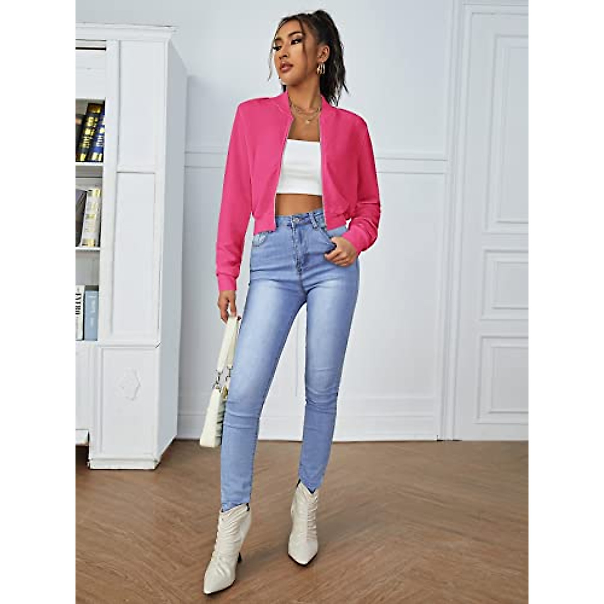 SweatyRocks Women's Casual Long Sleeve Solid Zip Up Coat Crop Bomber Jacket Solid Hot Pink M
