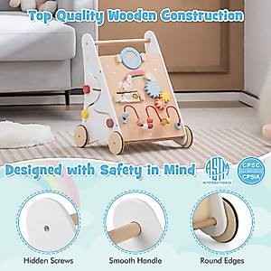 BABY JOY Wooden Baby Walker, Push and Pull Sit-to-Stand Learning Walker Activity Center, Toddler Montessori Educational Toy, Develops Motor Skills & Stimulates Creativity, Push Walker for Boys Girls