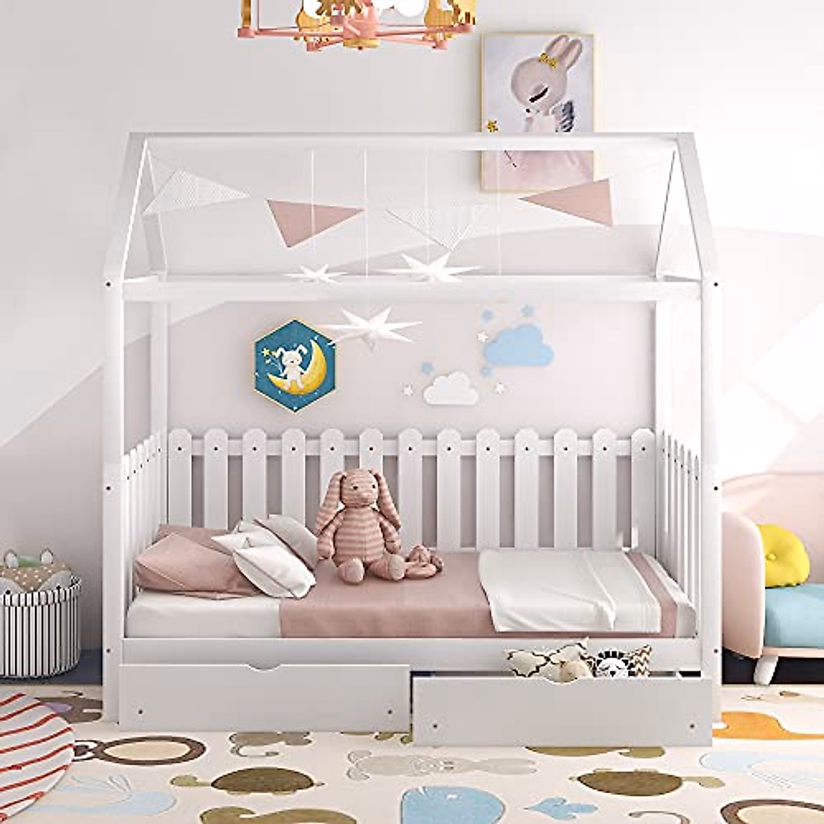 Lifeand Twin Size House Bed with 2 Drawers, Fence-Shaped Guardrail and Sky Roof, Solid Wood Bedframe for Gilrs Boys,White