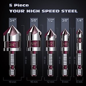 Countersink Drill Bit Set for Metal,M35 Cobalt Countersunk Bits 82 Degree 5 Flute 5 Pieces,1/4 Inch Hex Shank Countersunk Bit Set 1/4'' 3/8'' 1/2'' 5/8'' 3/4'' Set with Bit Holder