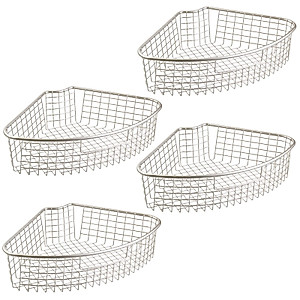 mDesign Farmhouse Metal Kitchen Cabinet Lazy Susan Storage Organizer Basket with Front Handle - Large Pie-Shaped 1/4 Wedge, 4.4" Deep Container - 4 Pack - Satin