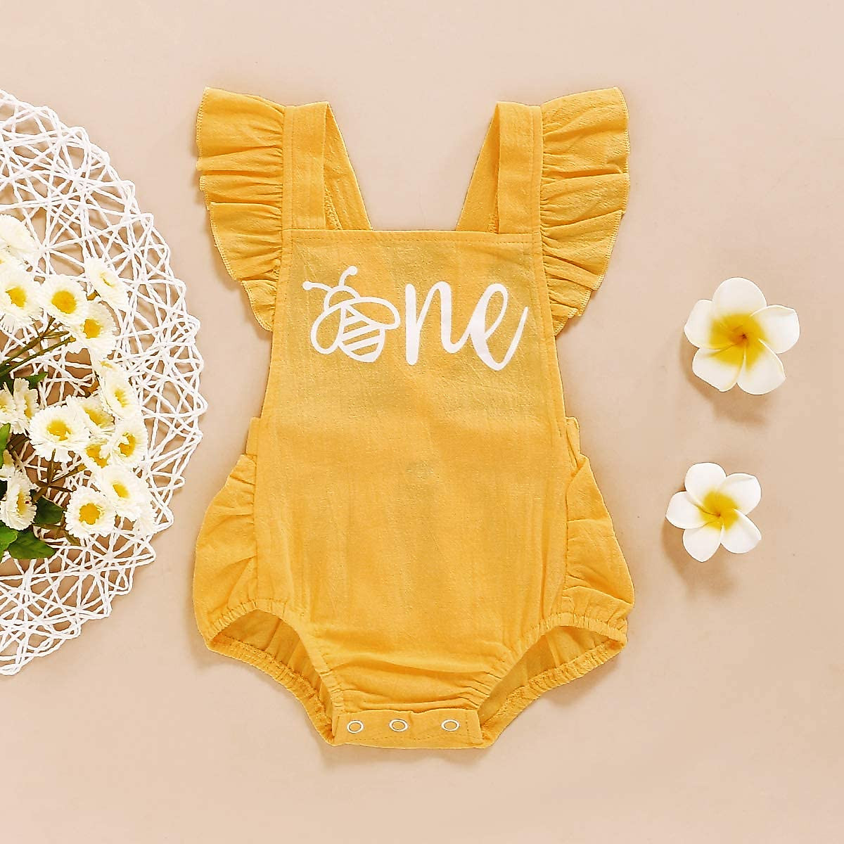 GRNSHTS Baby Girls First Birthday Outfits Ruffle Honey Bee Romper Backless Bodysuit Cake Smash Outfits (Yellow, 12-18 Months)