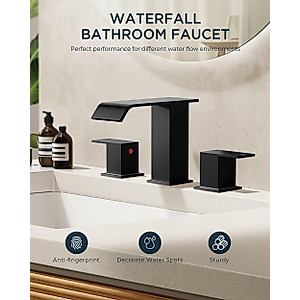 FORIOUS Bathroom Faucets, Black Bathroom Faucet 3 Hole, Waterfall Matte Black Bathroom Faucet with Pop-up Drain and Supply Lines, 8 Inch Widespread 2 Handle Faucet for Bathroom Sink Vanity RV