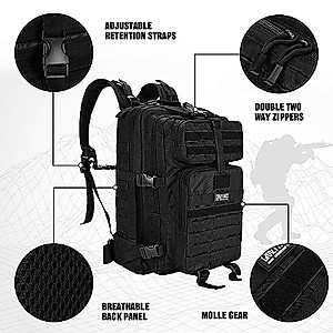 CRAZY ANTS Military Tactical Backpack with 2 Detachable Packs, Black Army Pack, Large Fieldline Molle Bag, Polyester Tactical Bag for Men and Women