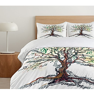 Ambesonne Music Duvet Cover Set, Musical Tree Autumnal Clef Trunk Swirl Nature Illustration Leaves Creative Design, Decorative 3 Piece Bedding Set with 2 Pillow Shams, Queen Size, White Brown