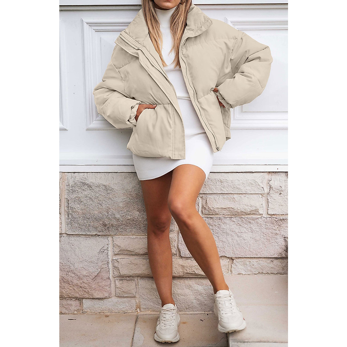 MEROKEETY Women's Winter Long Sleeve Zip Puffer Jacket Stand Collar Baggy Short Coats with Pockets, LightKhaki, XS