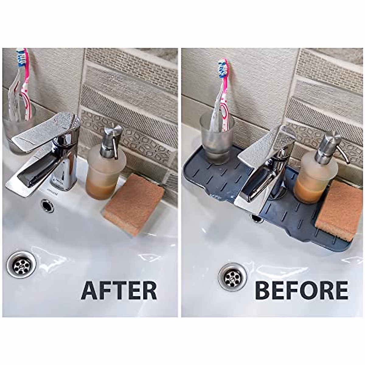 1 Pcs Grey Silicone Faucet Handle Drip Catcher Tray - Drip Catcher for Sink Faucet – Kitchen Faucet Drip Mat - Sink Faucet Splash Guard - Faucet Pad - Counter Faucet Mat - Silicone Sink Protector !