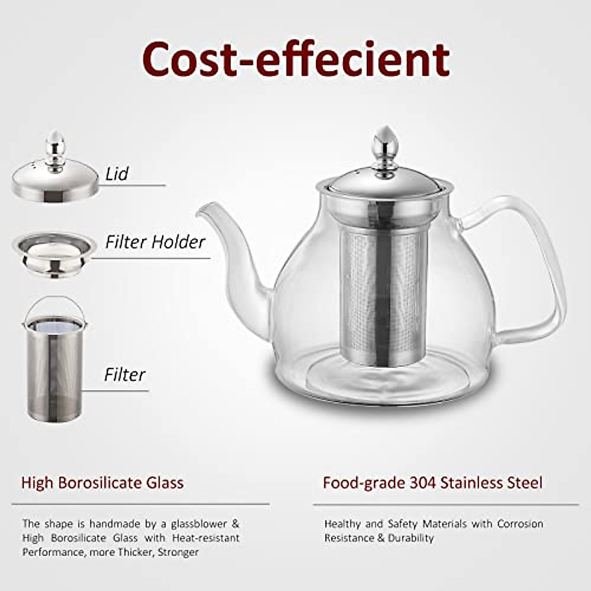 Glass Teapot, 40oz/1200mL Glass Kettle with Removable Stainless Steel Infuser for Blooming Tea & Loose Leaf Tea, Gooseneck Tea Pot, Microwave & Stovetop Safe, Gift Box for Tea Maker