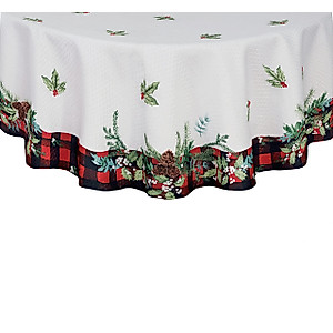 Lintex Aspen Red Black Plaid and Garland Bordered Christmas Tablecloth, Cottage Check Bordered Xmas and Holiday Print Easy Care Fabric Tablecloth, 70 Inch Round