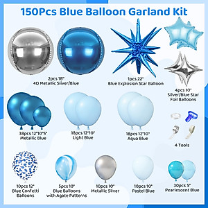 150Pcs Blue Balloon Arch Garland Kit, Boy Baby Shower Decorations Light Pastel Baby Blue Balloons 4D Star Confetti Balloon for Bridal Shower Gender Reveal Elephant Birthday Graduation Party Supplies