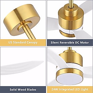 ELEHINSER 64" Wood Ceiling Fan with Lights and Remote Control, 3 Blades 6-Speed Dimmable Light Reversible DC Motor Ceiling fan for Kitchen Bedroom Dining Living Room, White Wood Blades with Gold