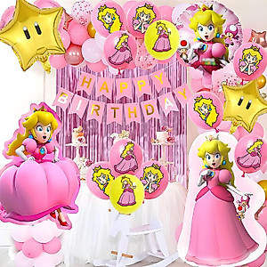 22pcs Princess Peach Birthday Party Decorations, Princess Peach Foil Balloons Latex Balloon for Mario Theme Party Decorations