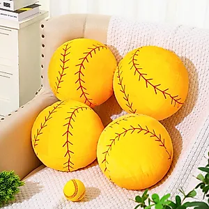 Gerrii 4 Pcs Basketball Softball Football Soccer Volleyball Tennis Pillow 3D Sports Pillow Fluffy Plush Stuffed Throw Pillow Sport Theme Cushion Plush Stuffed Pillow Gift Decor (Softball,10 Inch)